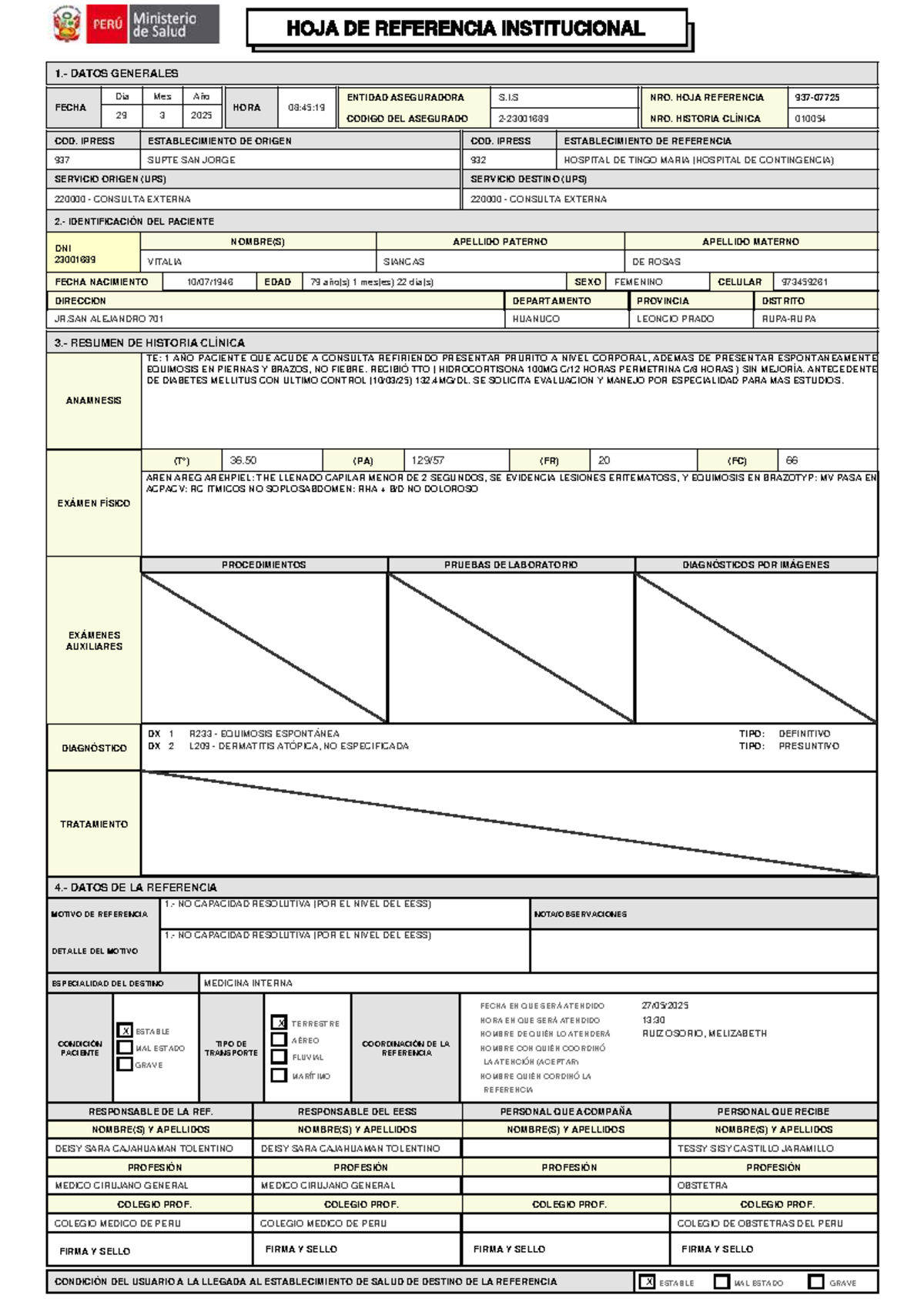 Hoja de Referencia Institucional - Paciente Vitalia (DNI: 23001689 ...