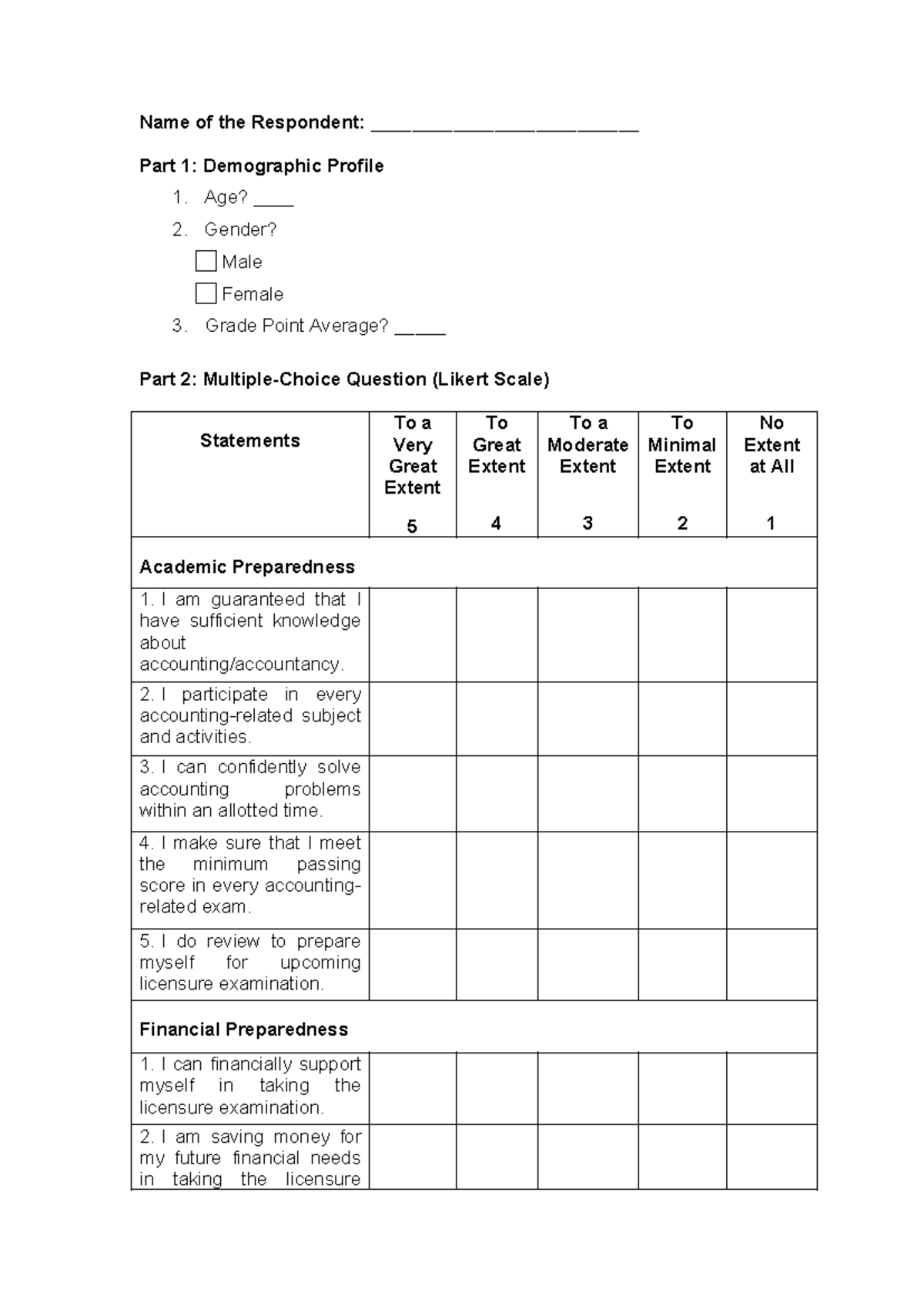 Demographic and Preparedness Questionnaire for CPA Licensure Exam - Studocu