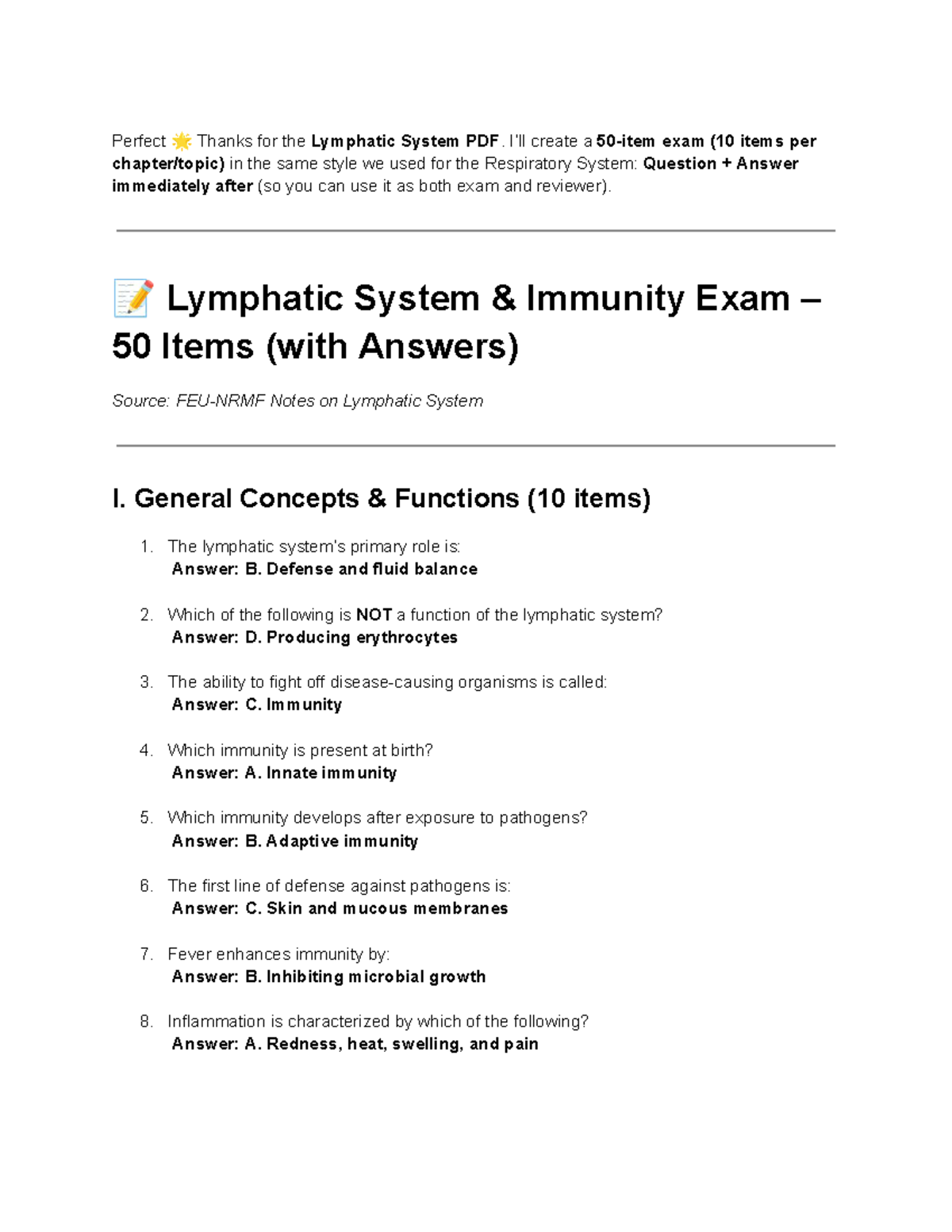 Lymphatic System Immunity Exam (50 Items) with Answers - Studocu