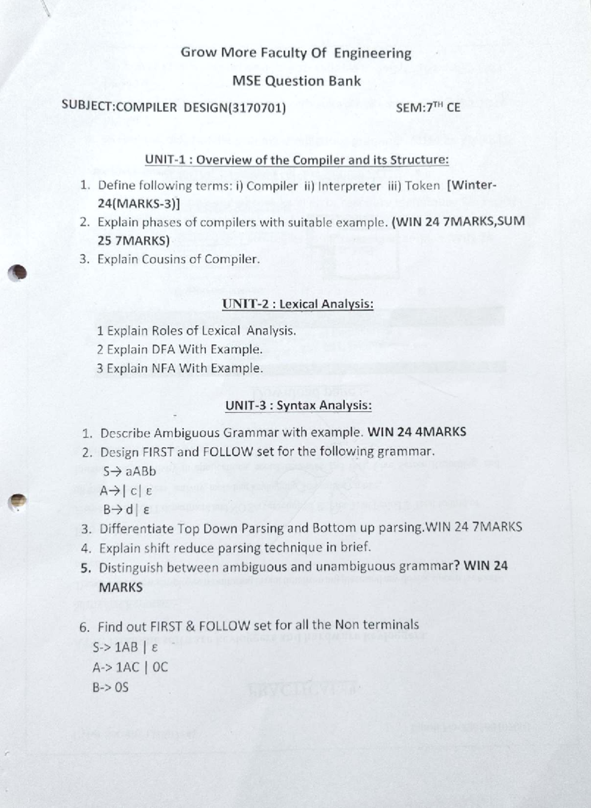 MSE Question Bank: Compiler Design (3170701) - 7th Sem Overview - Studocu