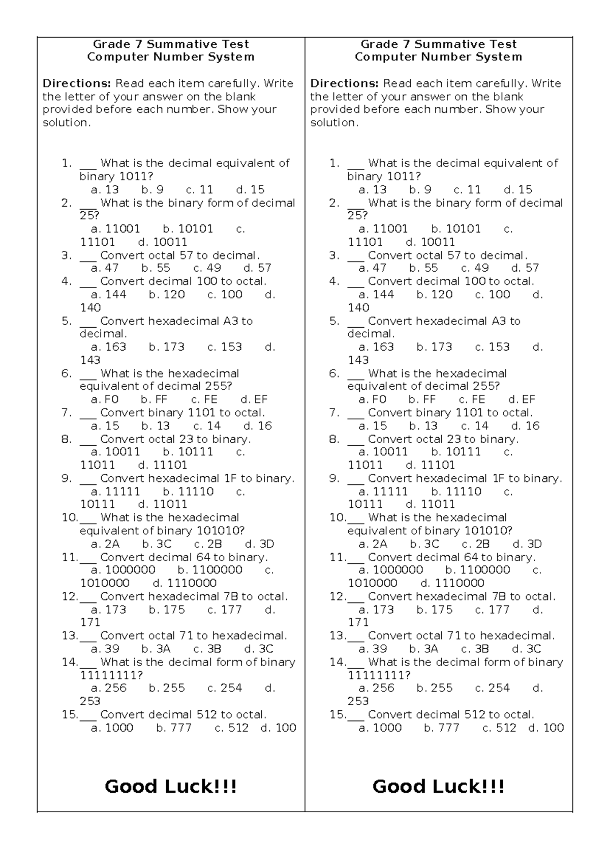 Grade 7 Summative Test: Number System Conversions - Studocu