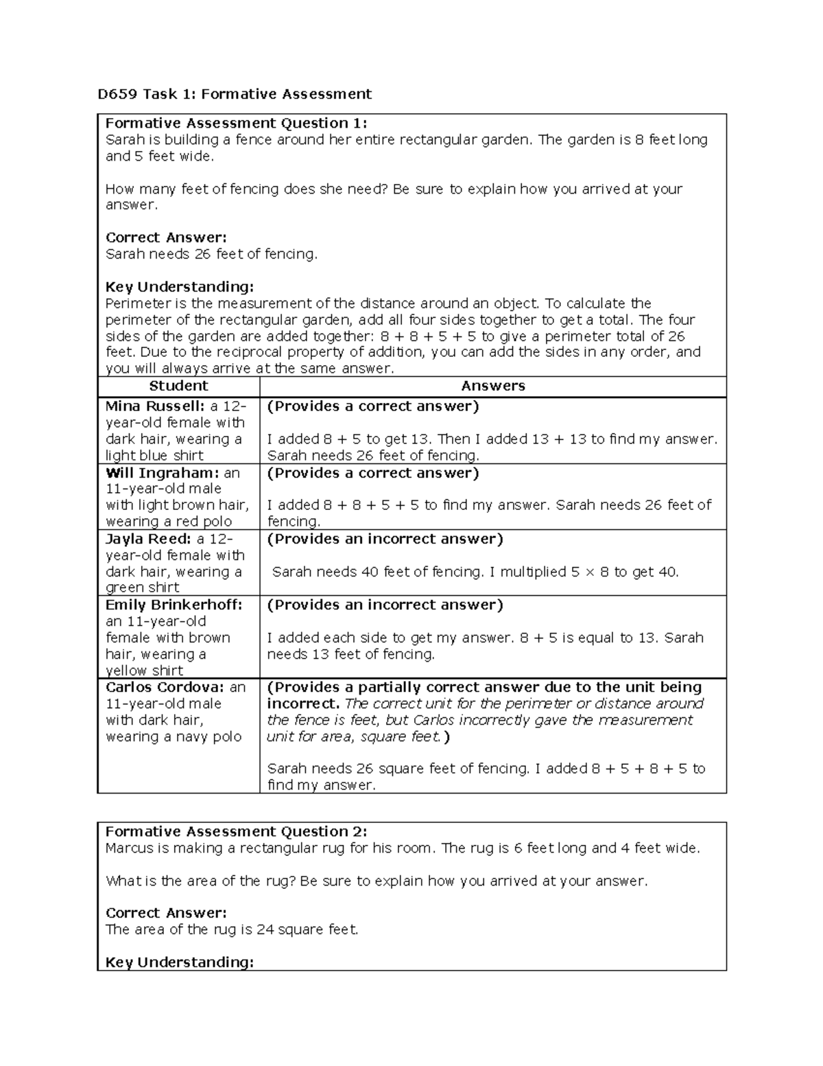 D659 Task 1: Formative Assessment on Perimeter & Area - Studocu