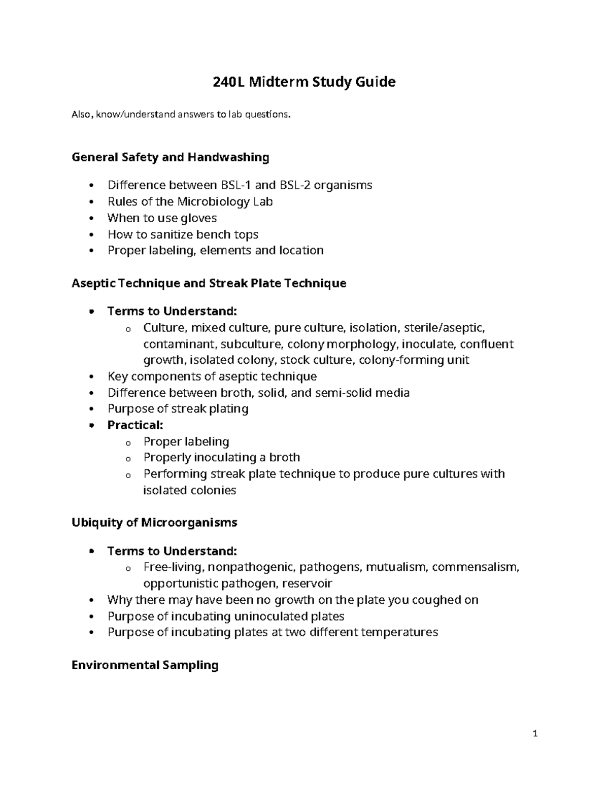 240L Microbiology Midterm Study Guide: Lab Techniques & Staining - Studocu