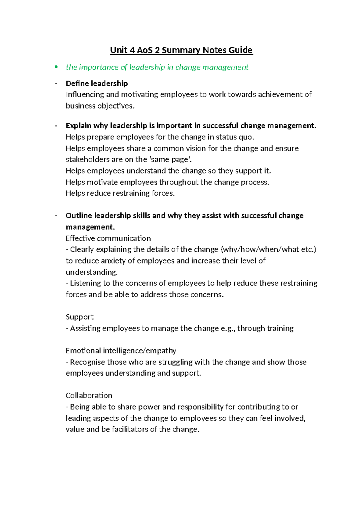 Unit 4 AoS2 Change Management Leadership Summary Notes Guide - Studocu