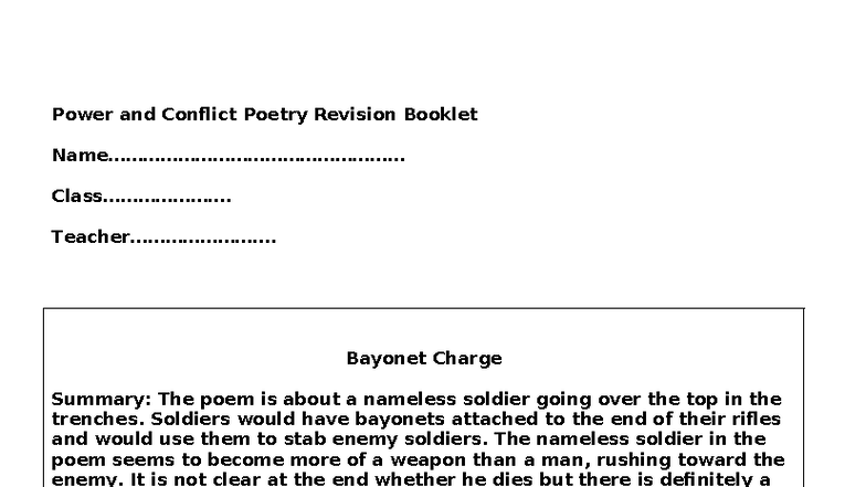 Power and Conflict Poetry Revision: Key Themes and Analysis - Studocu