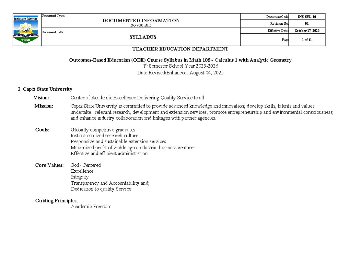 BSED-Math 108 Syllabus: Calculus 1 with Analytic Geometry (1st Sem ...
