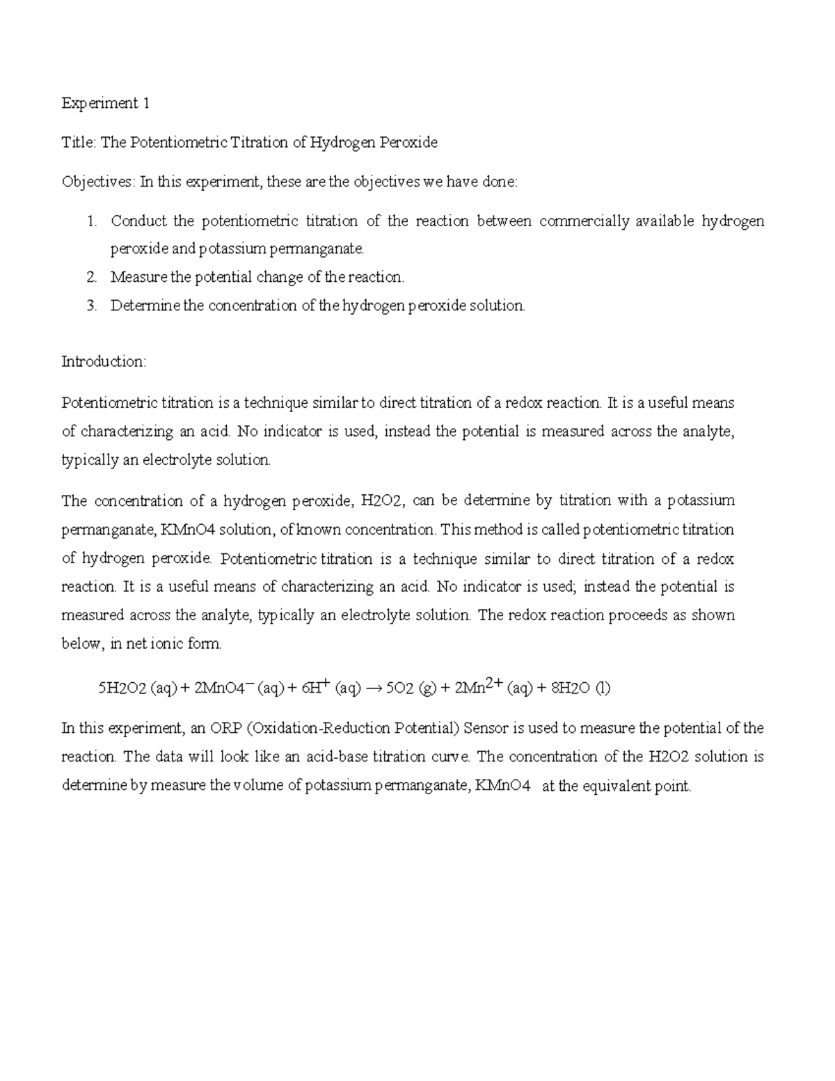 YAB 2052-Experiment 1 - titration of hydrogen peroxide - Applied ...