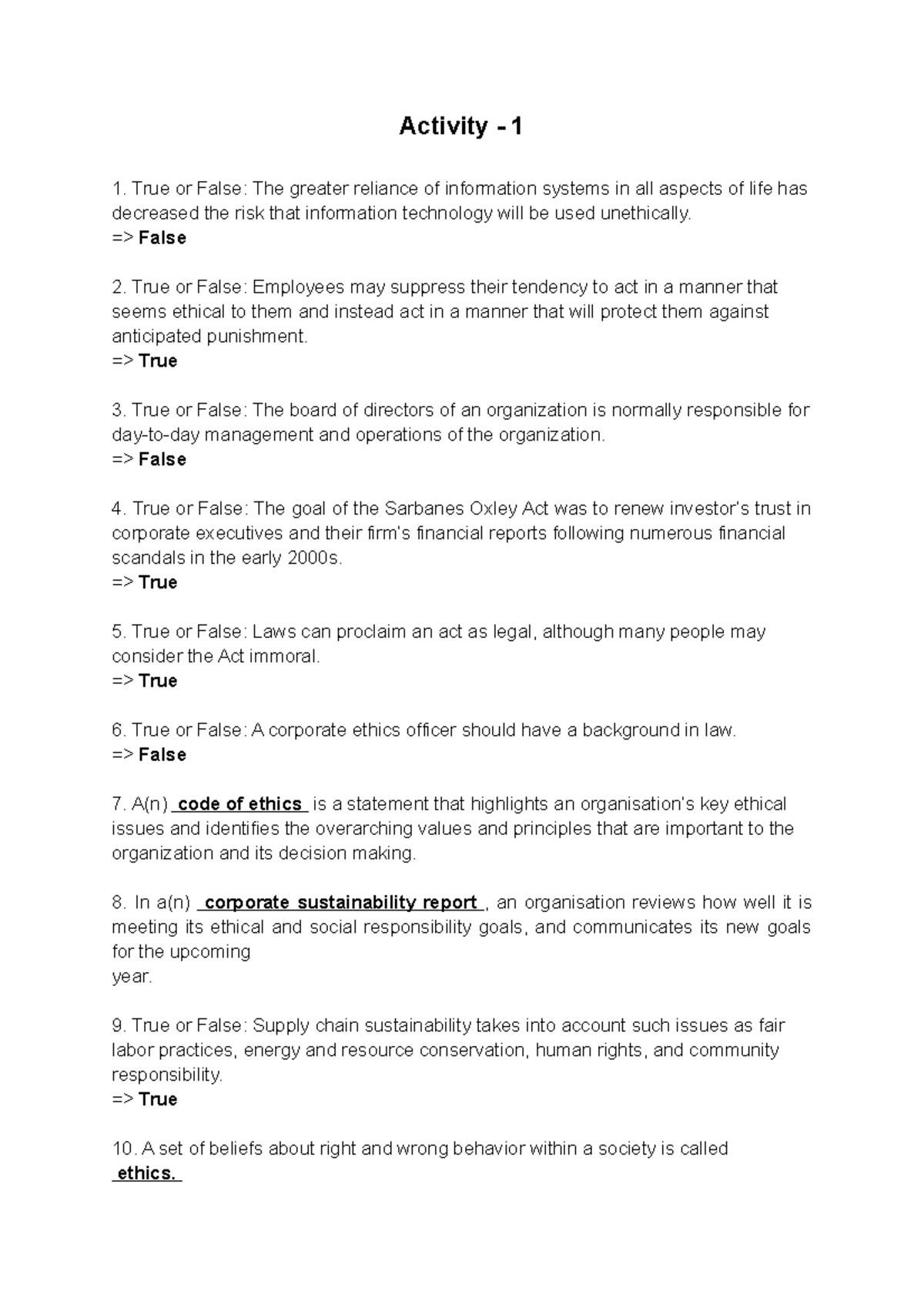 Activity 1: Understanding Ethics in Corporate Governance and Behavior ...