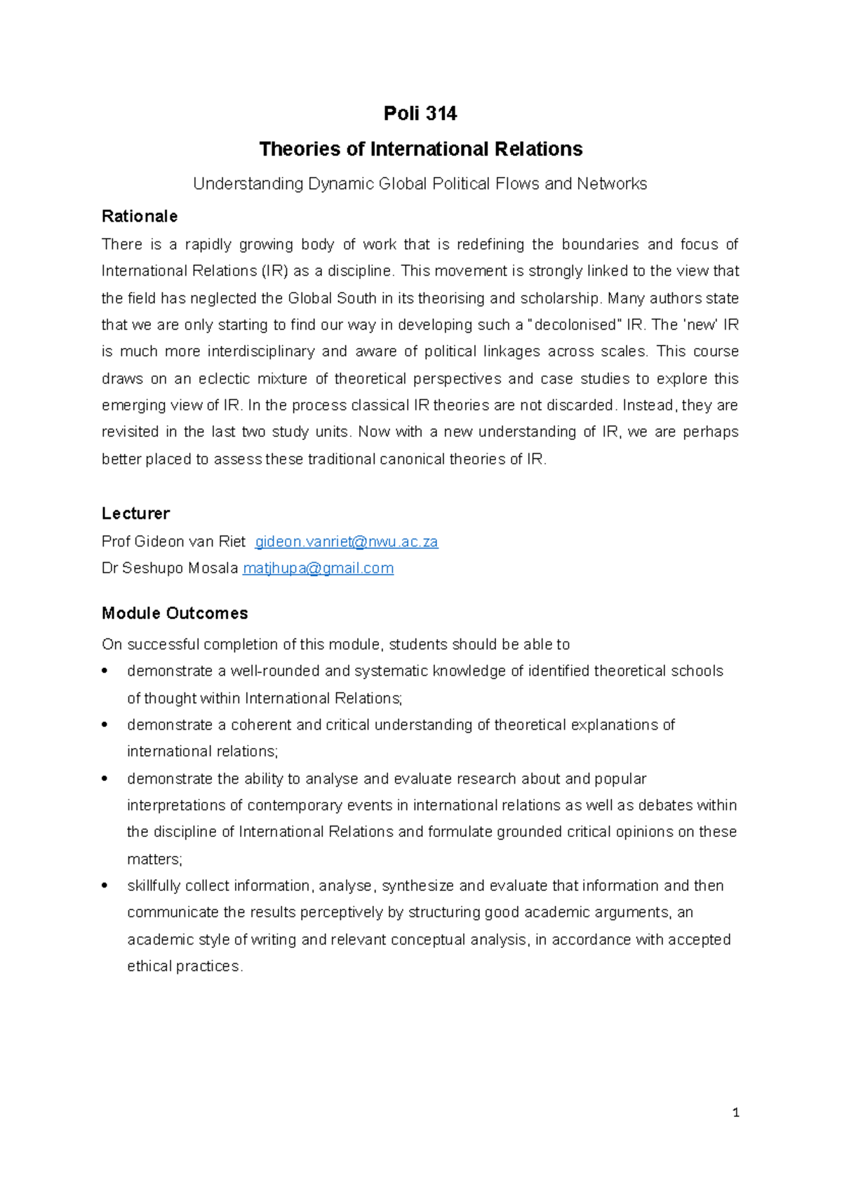 Poli 314 2024 Course Outline: Theories of International Relations - Studocu