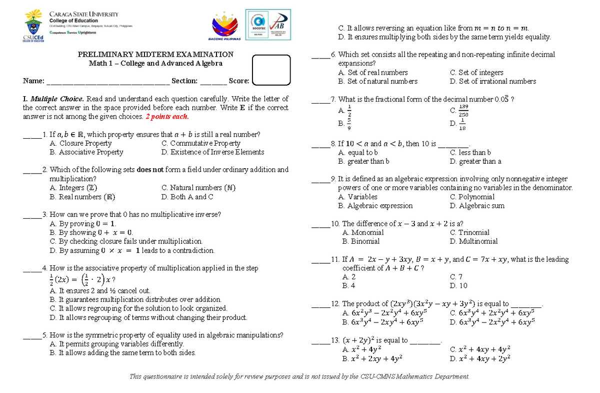 MATH 1 Preliminary Midterm Exam Review Questions and Answers - Studocu