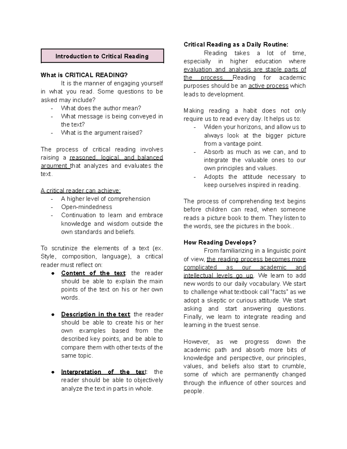 CRWT prelims - Reviewer - Introduction to Critical Reading What is ...