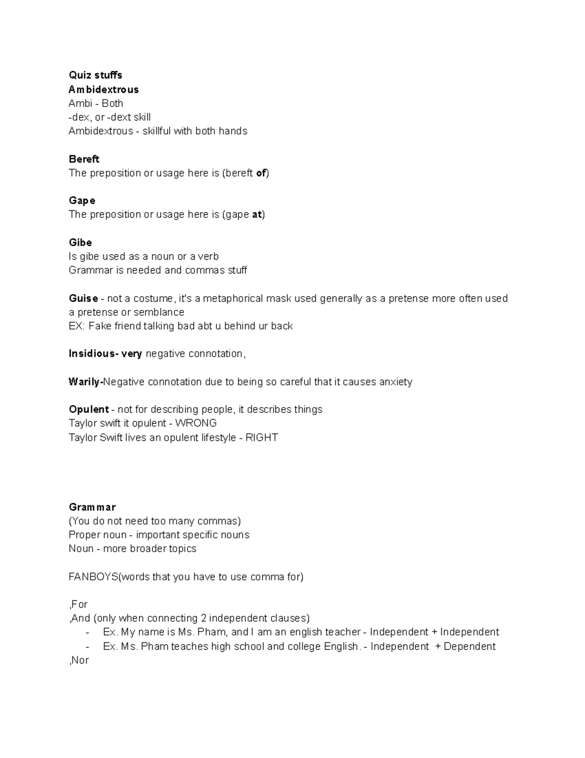 Vocab Quiz Notes: Grammar & Usage Insights (ENG 101) - Studocu