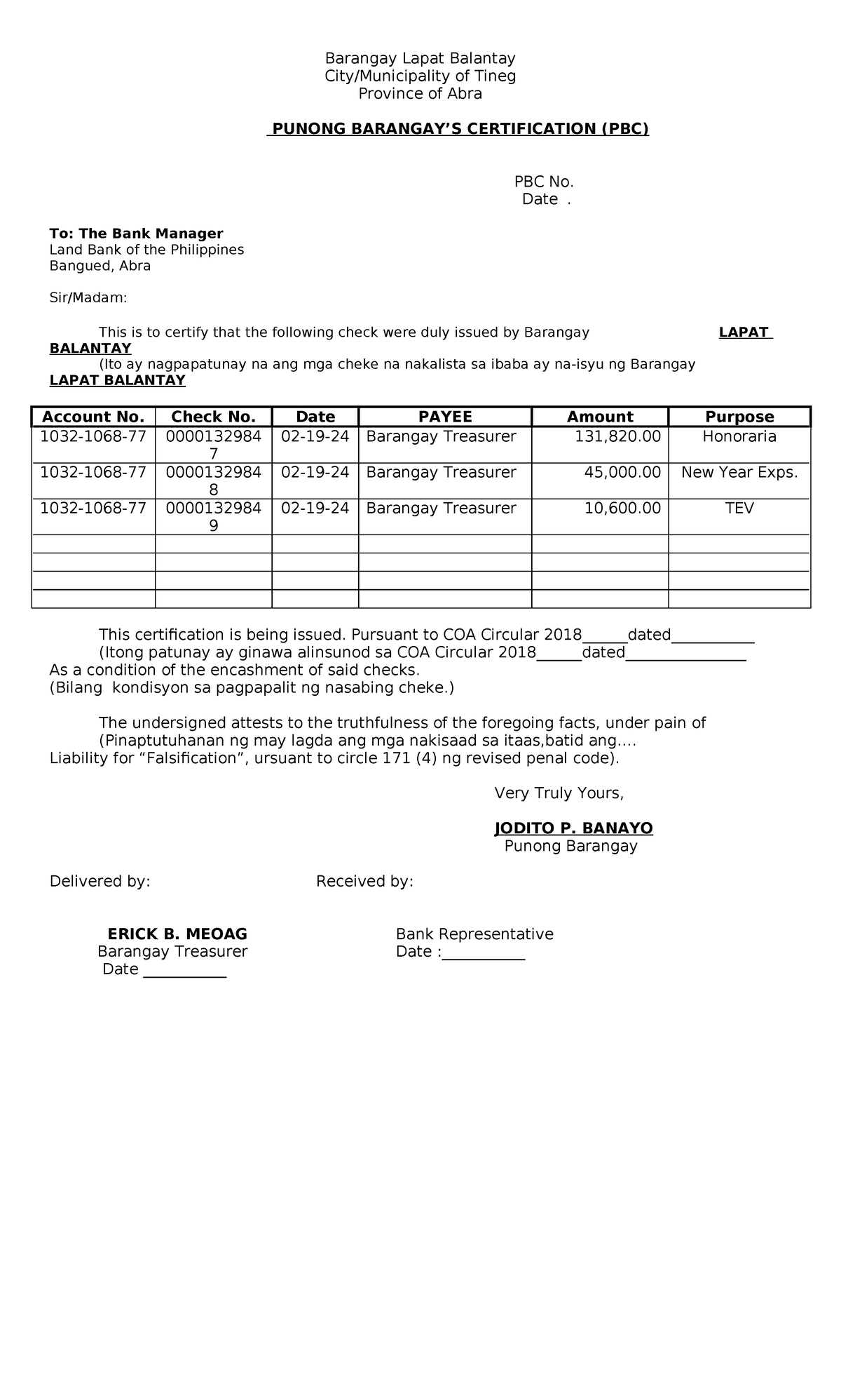 PBC Certification for Barangay Lapat Balantay - Check Issuance Details ...