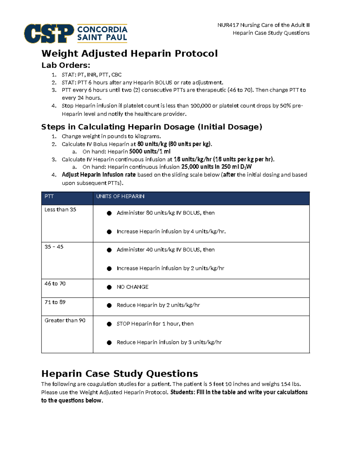 NUR417 Heparin Case Study: Protocol & Calculation Questions - Studocu
