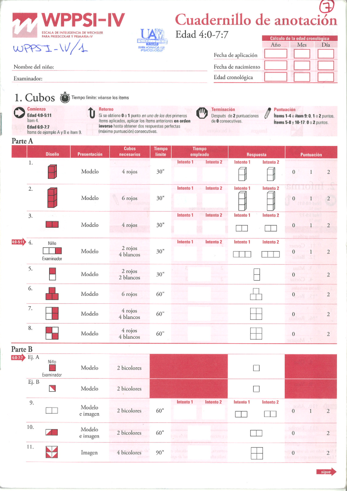 Wppsi IV - Anotación Cuadernillo para Edad 4 a 7 Años - Studocu