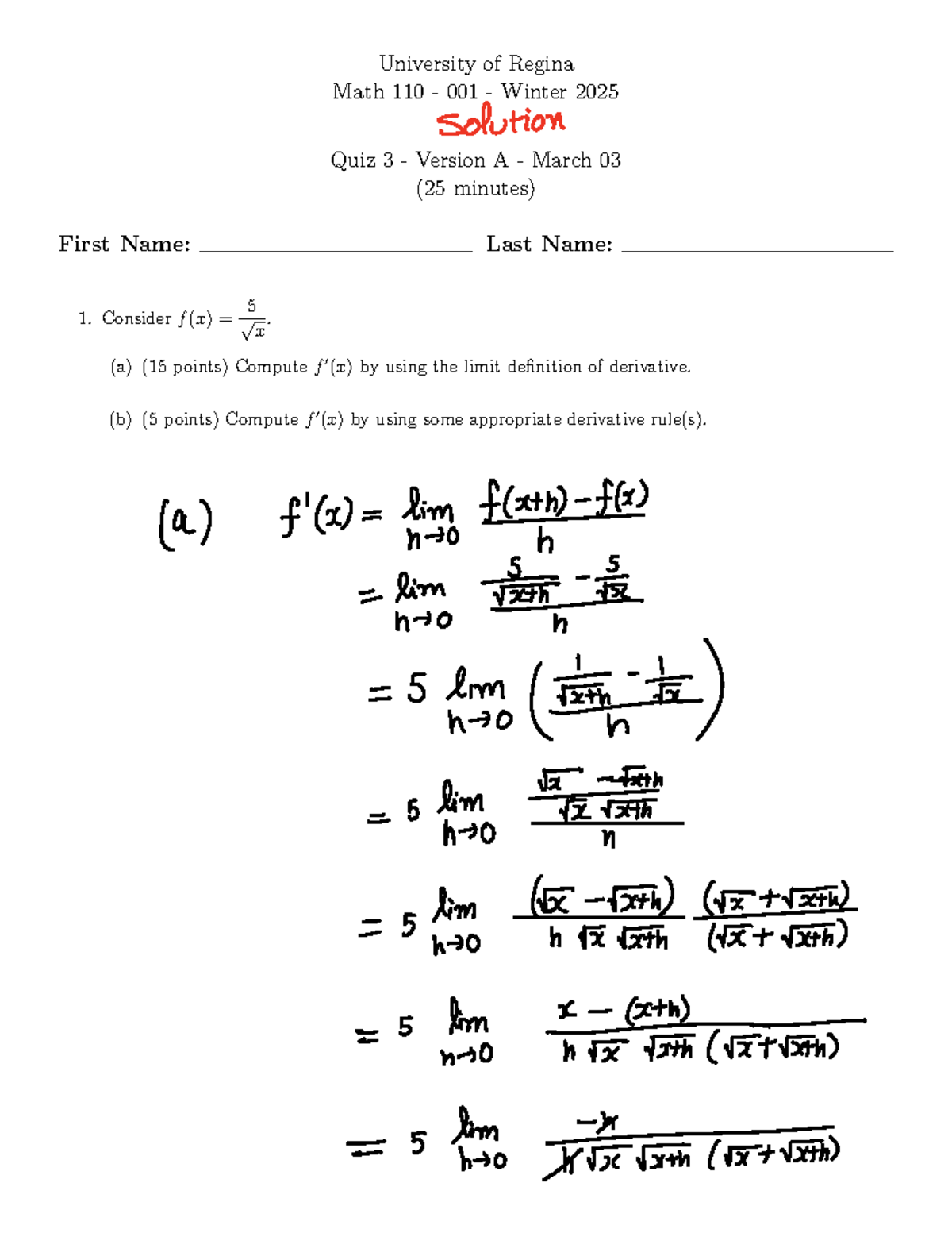 Quiz 3(A) Solution - MATH 110 - University of Regina Math 110 - 001 ...