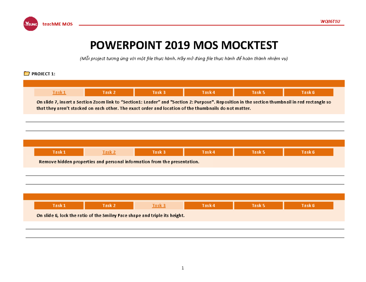 Mocktest WQ06T1U - PowerPoint 2019 MOS Project Tasks Overview - Studocu