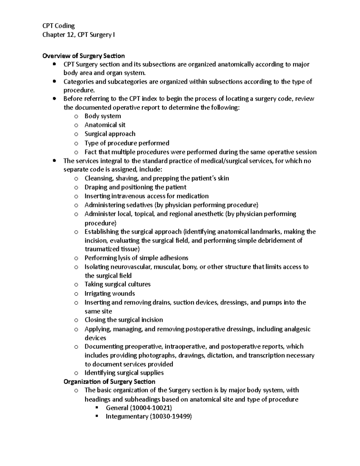 Chapter 12 CPT Surgery I - Notes - Chapter 12, CPT Surgery I Overview ...