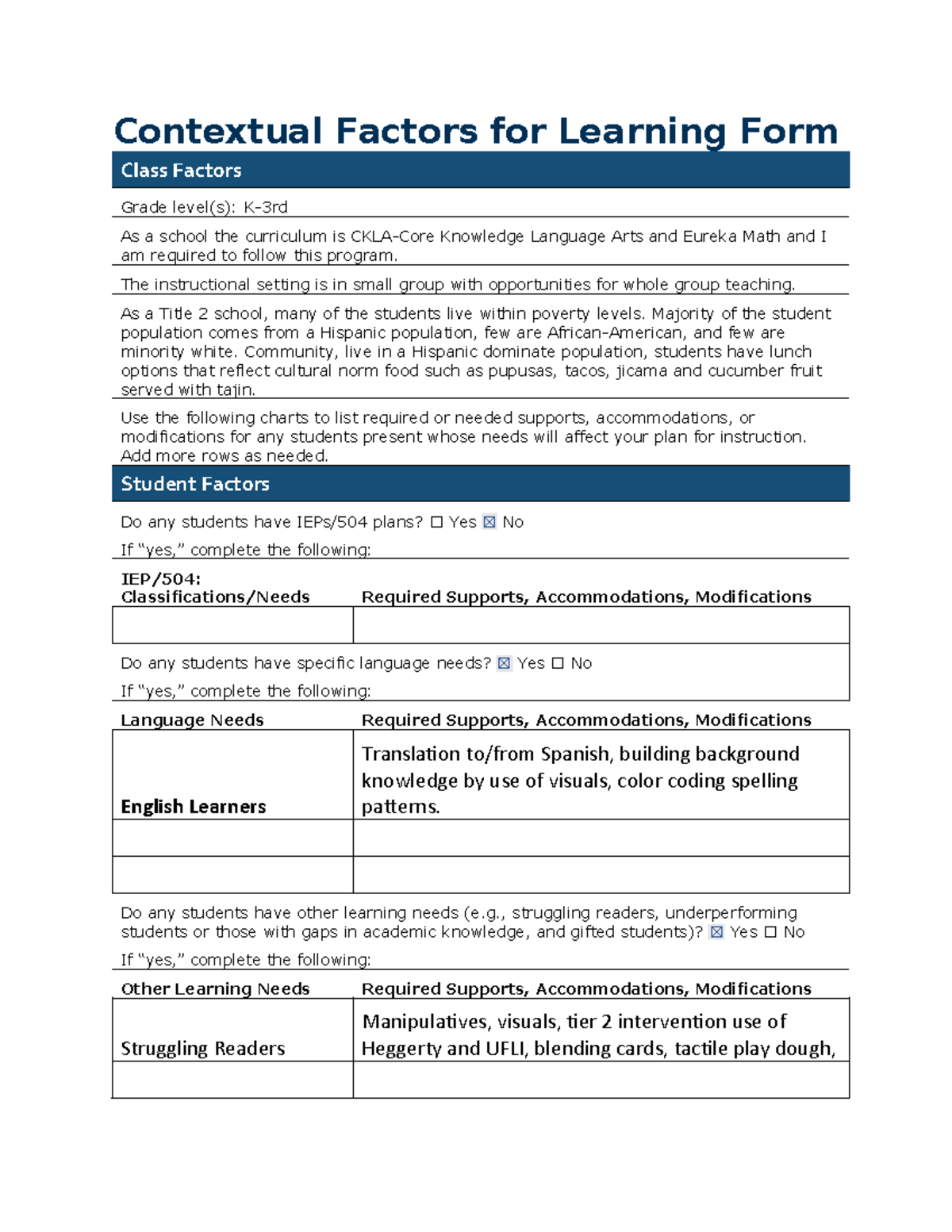 Task 1: Contextual Factors for Learning in K-3rd Grade Classrooms - Studocu