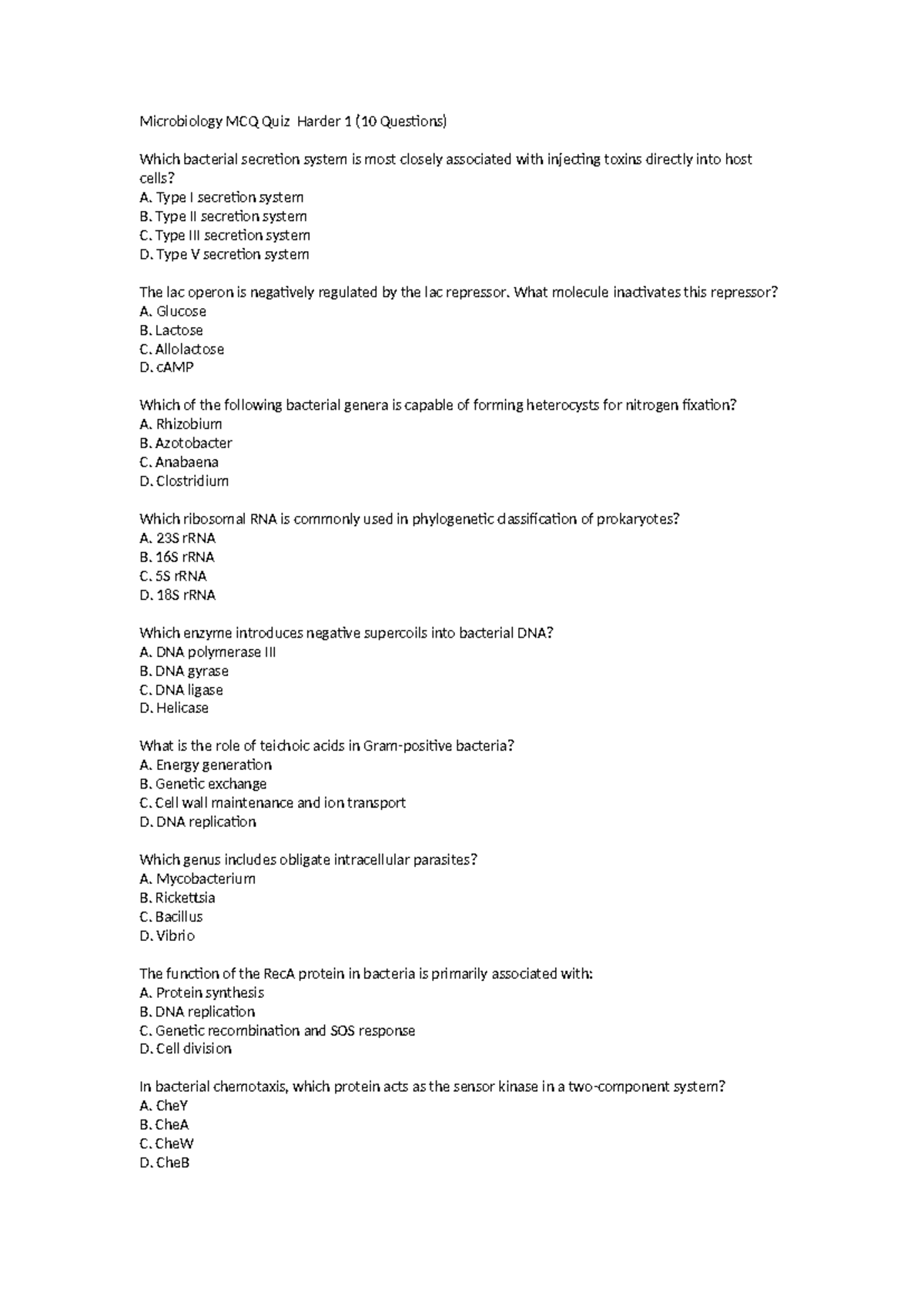 Microbiology MCQ Quiz (Harder) - 10 Questions - Studocu