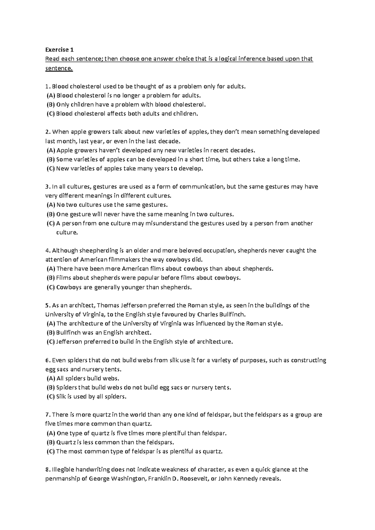 Practice Inference 2 - Exercise 1 Read each sentence; then choose one ...