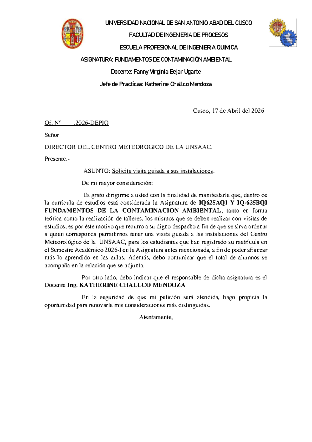 Oficio de Solicitud de Visita Guiada - IQ625AQI - Studocu