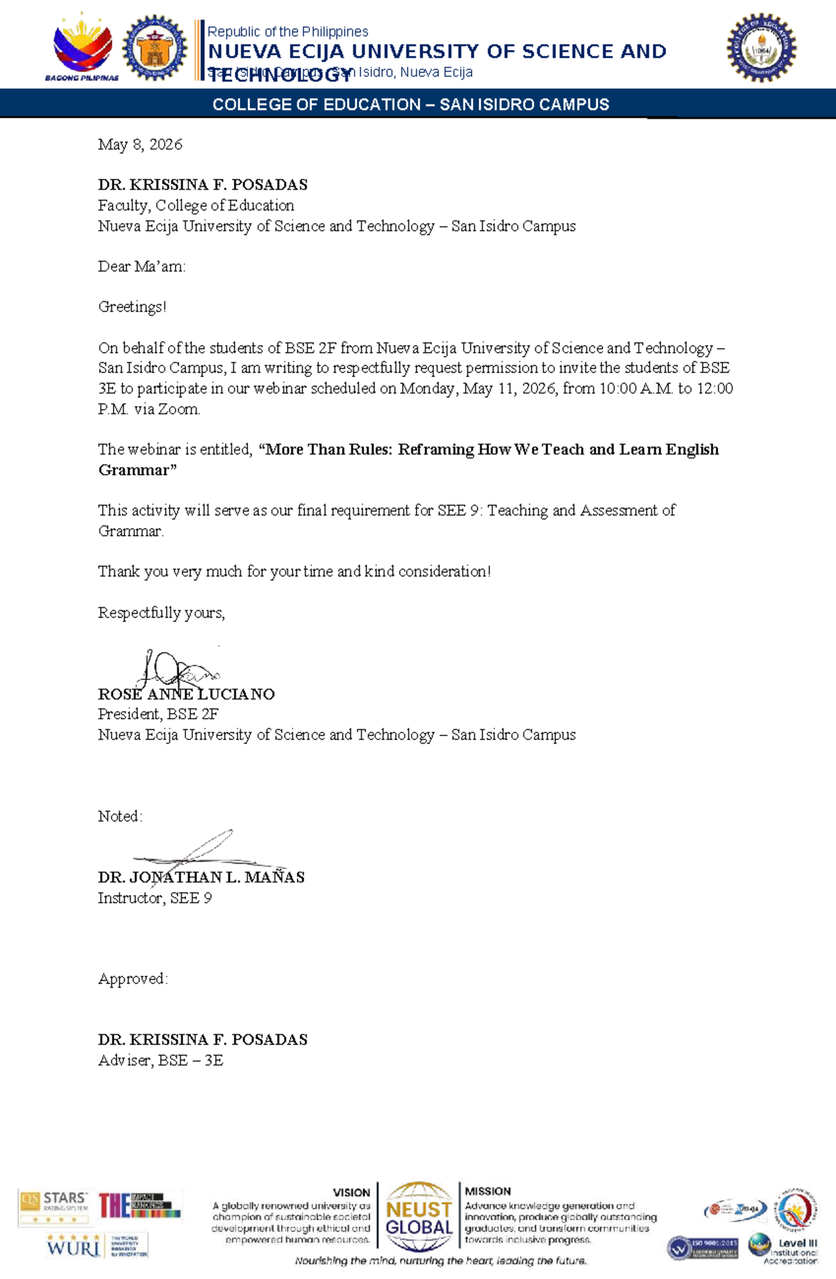 Letter of Request for Webinar Participation - SEE 9 Final Requirement ...