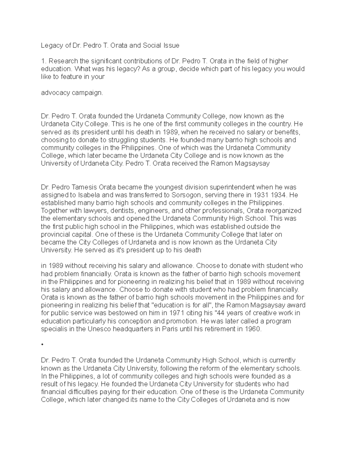 Legacy of Dr. Pedro T. Orata and Social Issue - Legacy of Dr. Pedro T ...