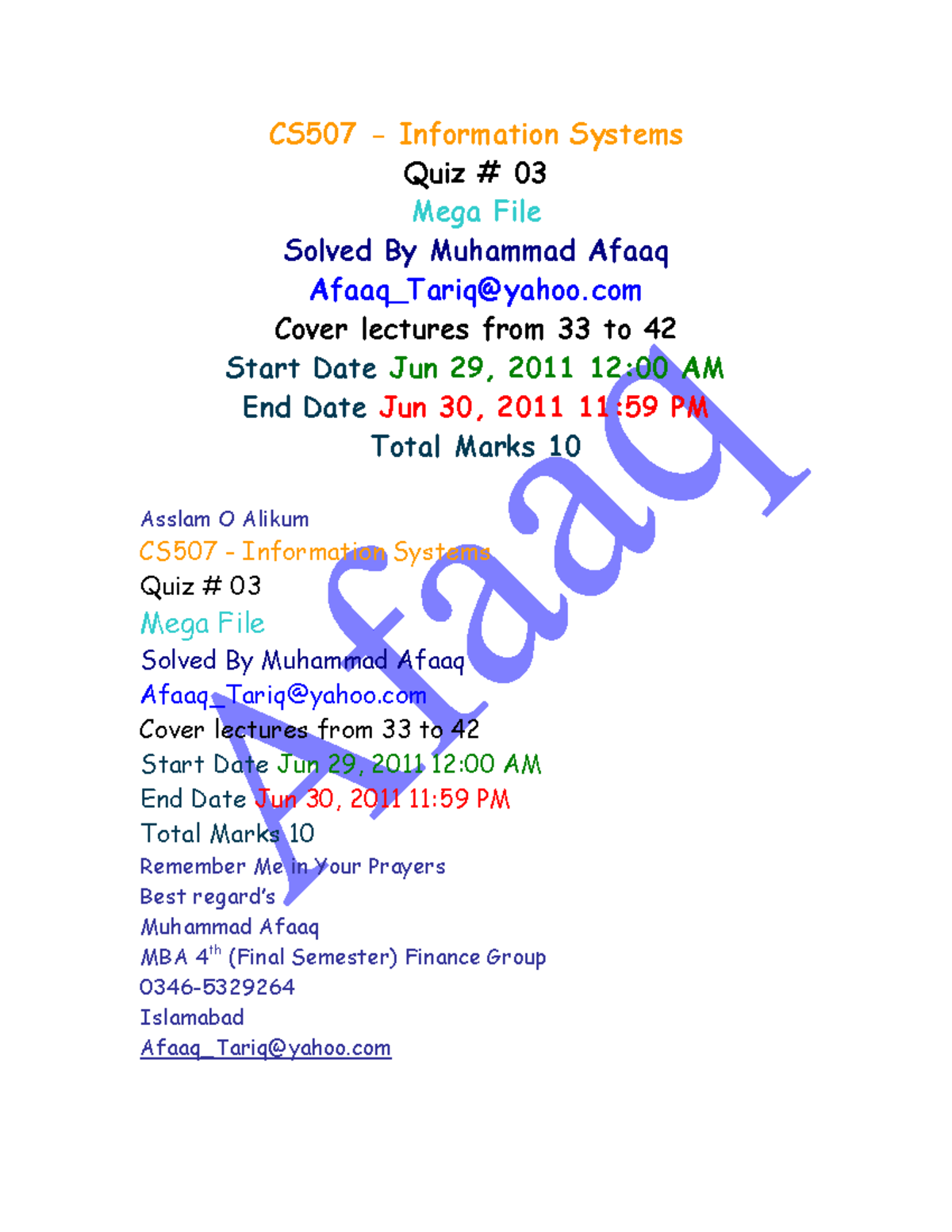 CS507-Final Term-Quiz03Lecture 33to42Solved By Muhammad Afaaq 1 - CS507 - Information Systems ...