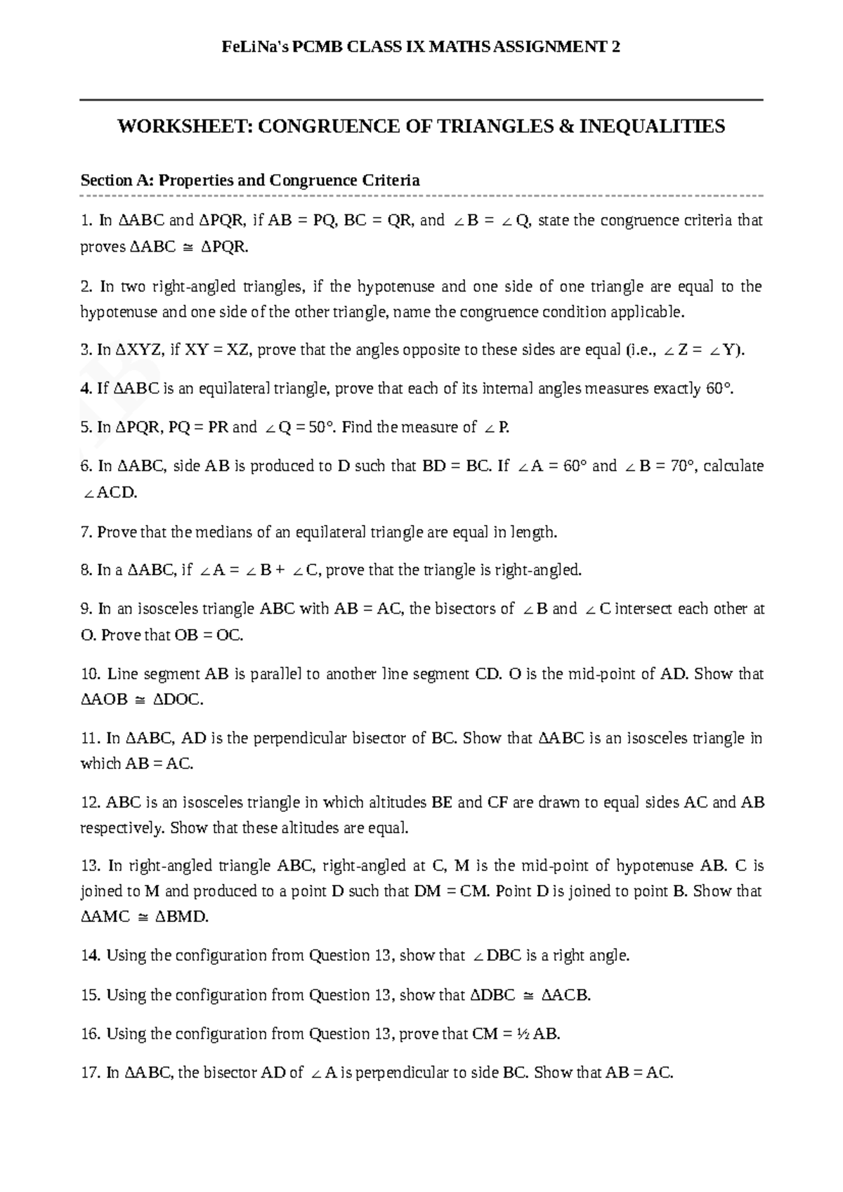 PCMB CLASS IX MATHS ASSIGNMENT 2: CONGRUENCE OF TRIANGLES ...