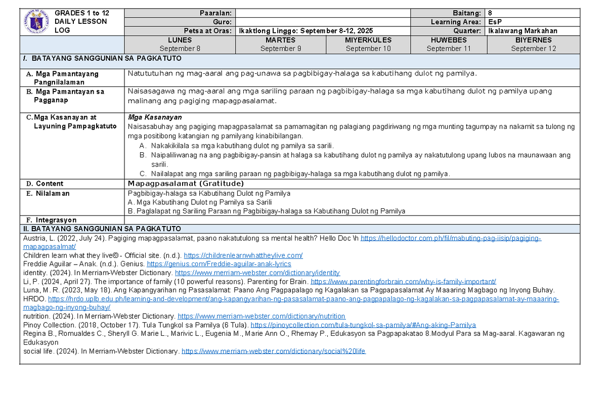 ESP8 Q2 Week 3 Lesson Plan: Pagpapahalaga sa Pamilya at Pasasalamat ...