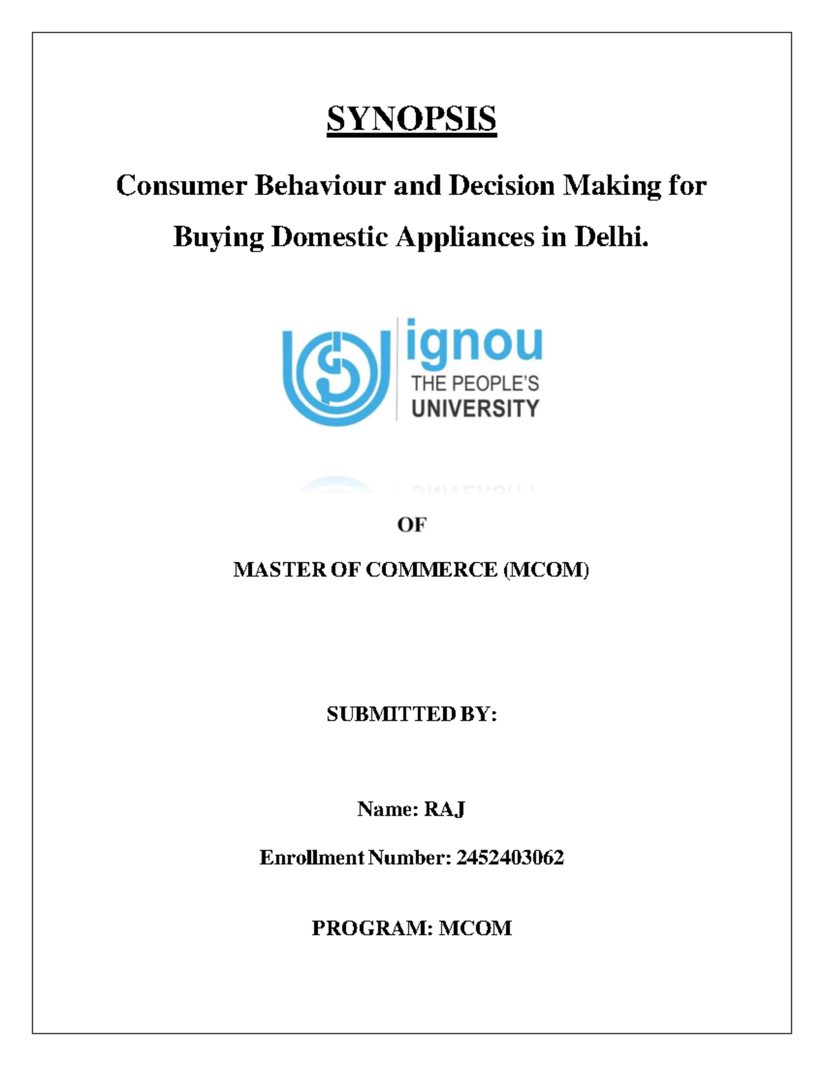 Synopsis 1 PAGE - jfklkbvvb - Masters in commerce - SYNOPSIS Consumer ...