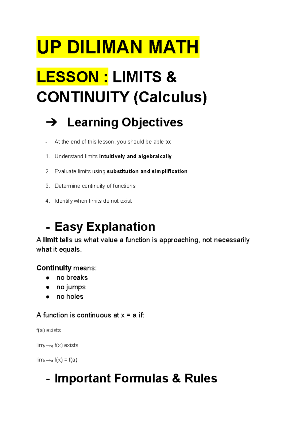 UP DILIMAN MATH LESSON: LIMITS & CONTINUITY (Calculus) - Studocu