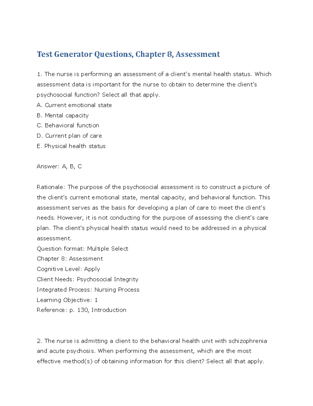 TG Chapter 08 - Mental Health Assessment Test Bank Questions - Studocu