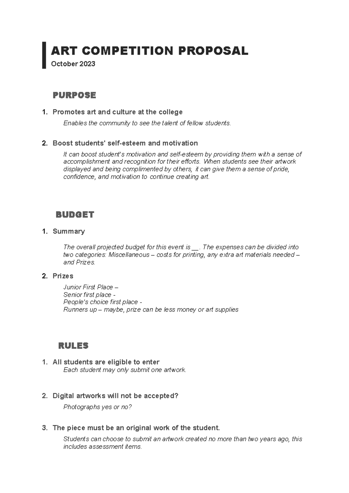 Art Competition Proposal - ART COMPETITION PROPOSAL October 2023 ...