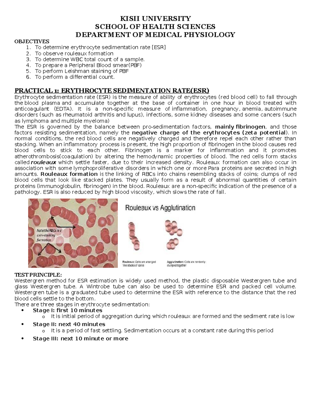 ESR and WBC Analysis Practical - MBCHB, BPHARM 2024 - Studocu