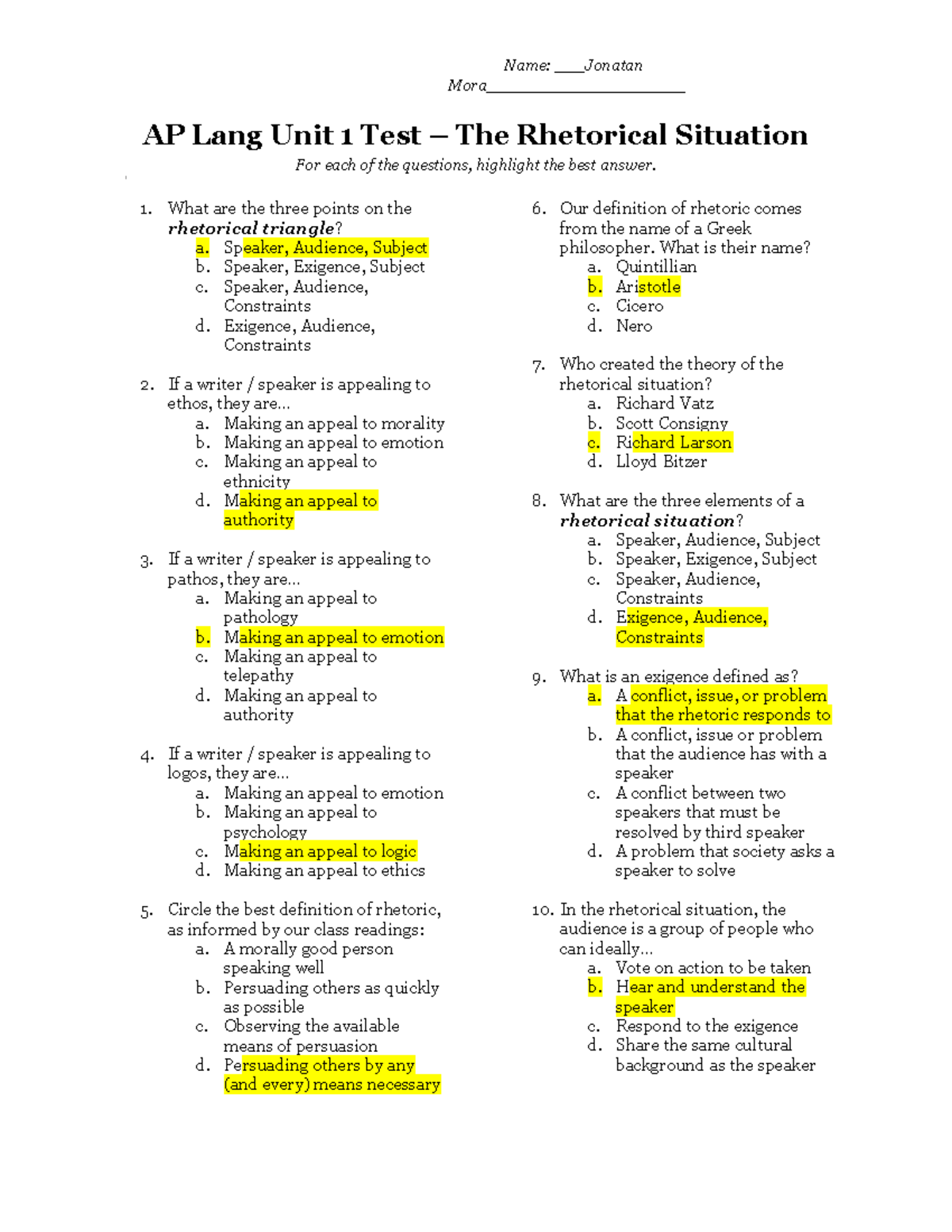 AP Lang Unit 1 Test - Understanding the Rhetorical Situation - Studocu