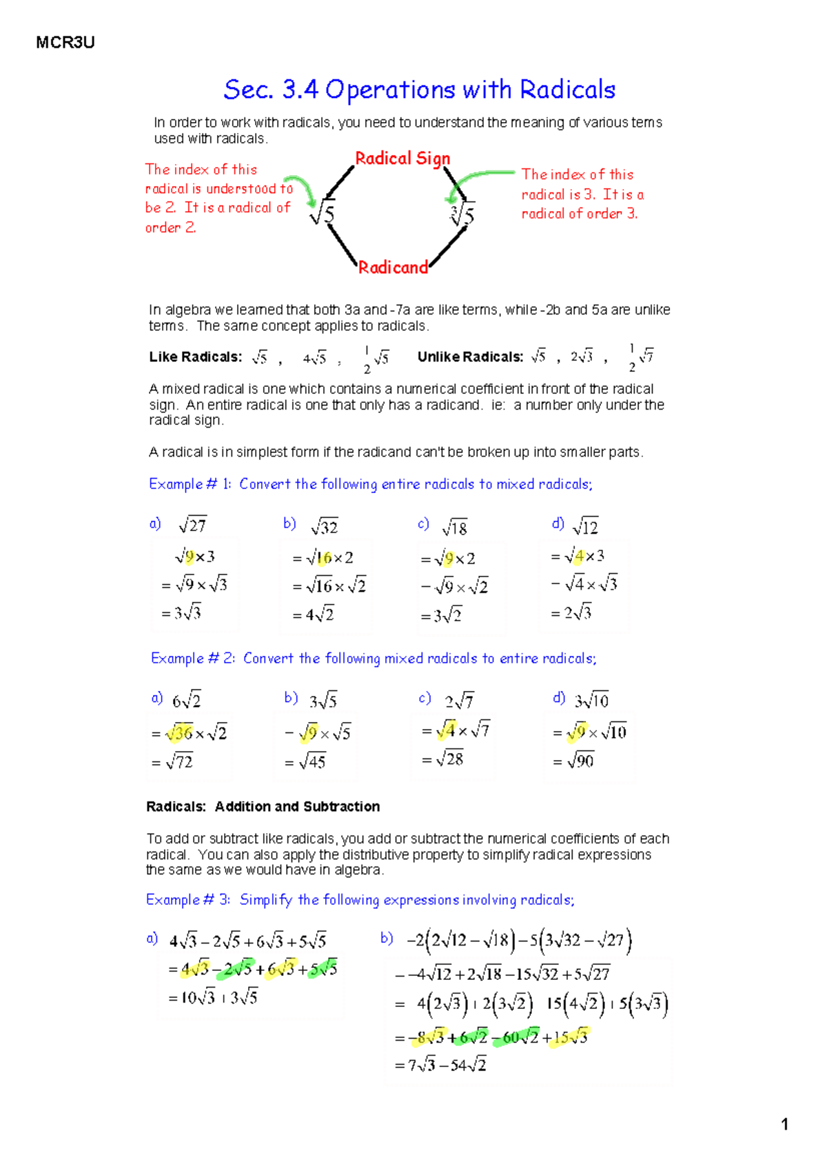MCR3U - Lesson 3.4: Operations with Radicals Explained - Studocu