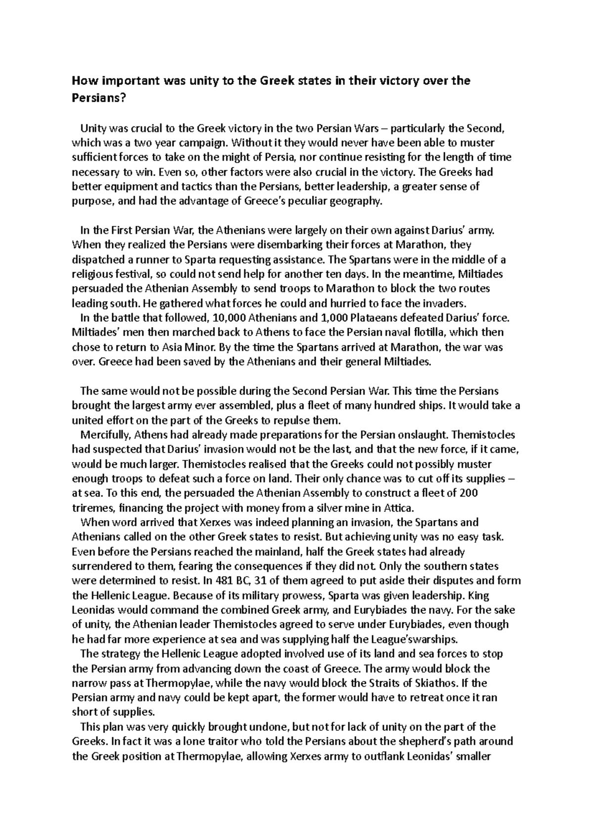 The Significance of Greek Unity in the Persian Wars - Long Essay - Studocu