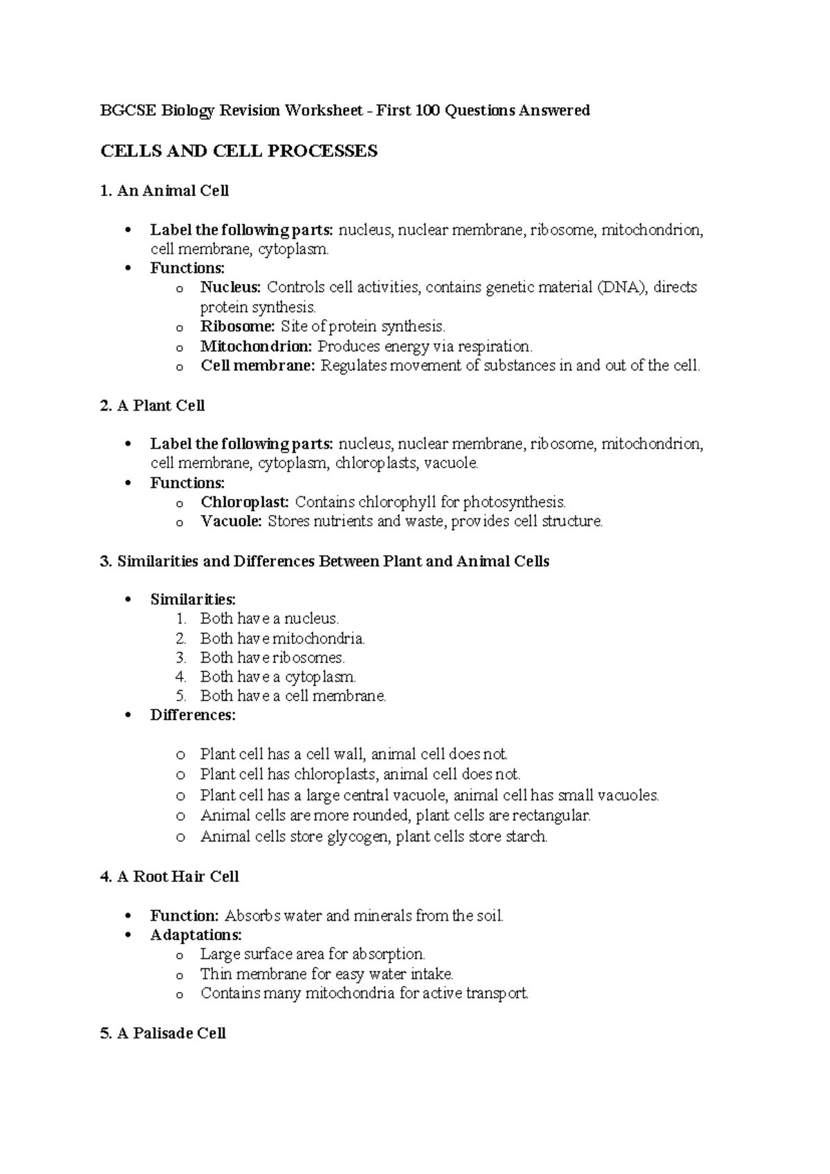 BGCSE Biology Revision Notes: Key Concepts on Cells & Processes - Studocu