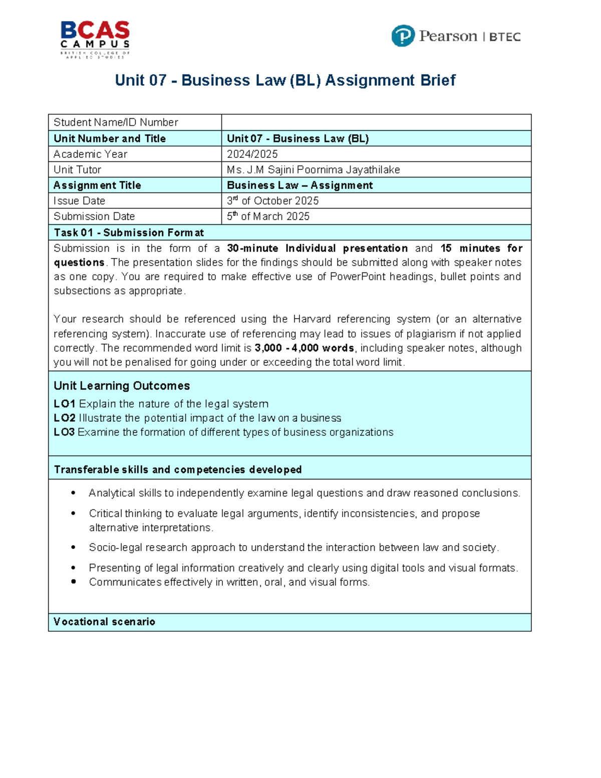 BL - Unit 07 Business Law Assignment Brief and Guidance - Studocu
