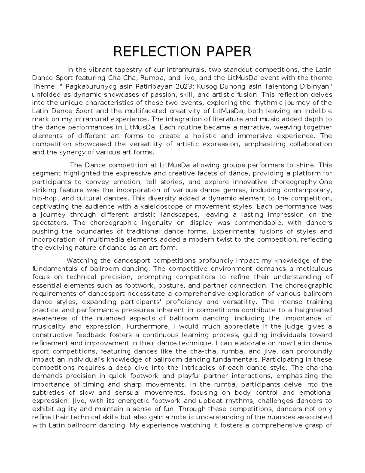 Reflection Paper - REFLECTION PAPER In the vibrant tapestry of our ...