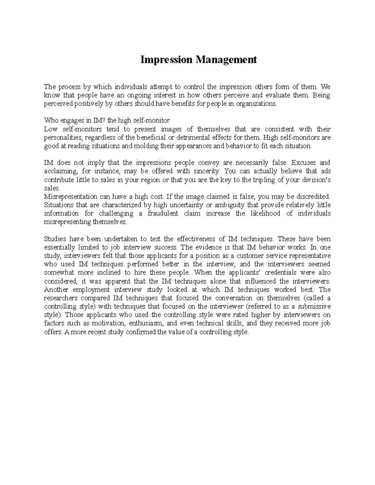Class activity - managing impresion - Impression Management The process ...