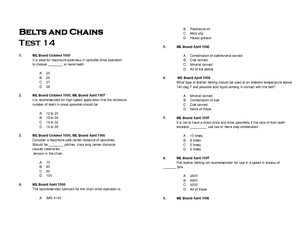 Belts and Chains T14 - MESL - Belts and Chains Test 14 1. ME Board ...