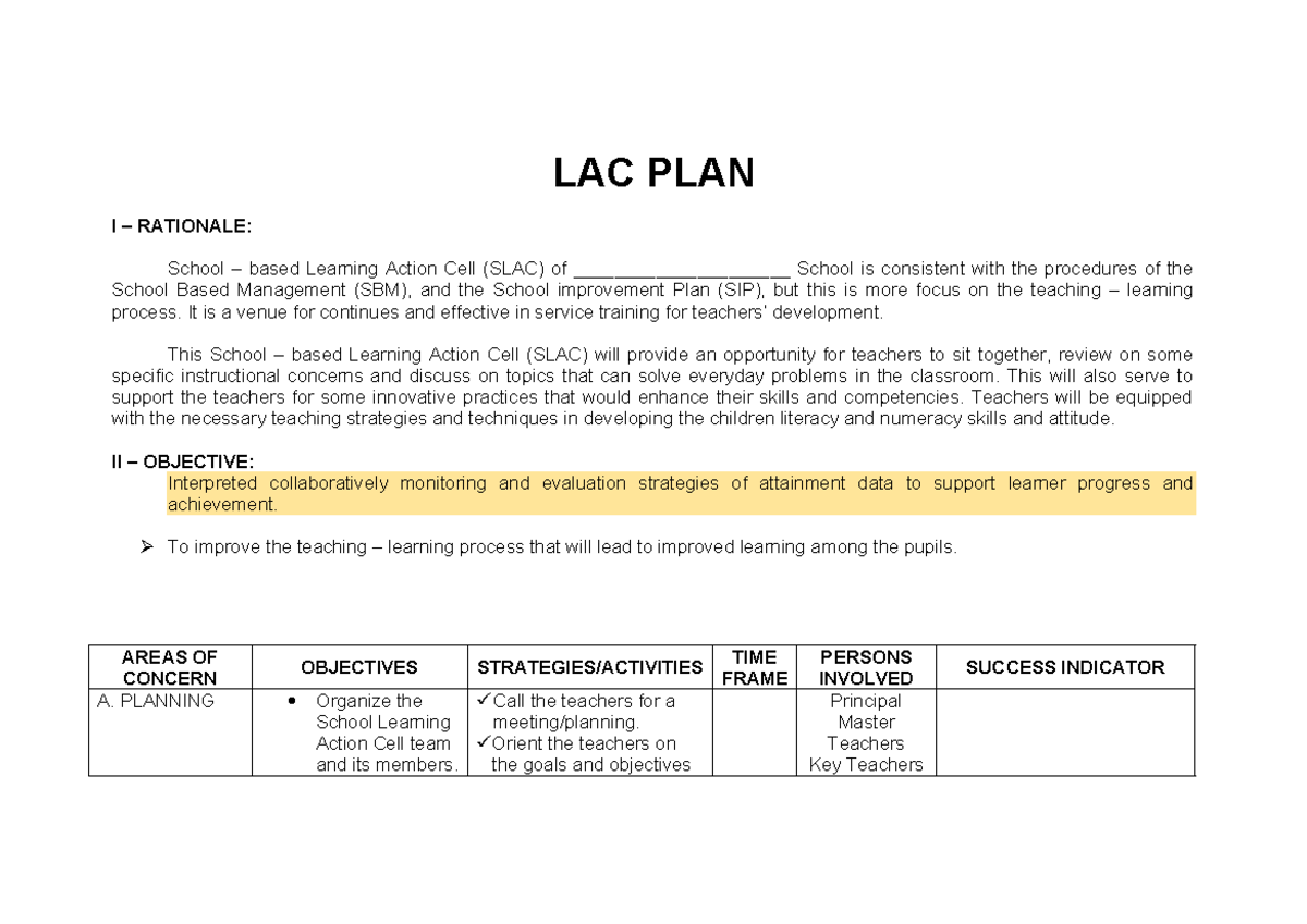9 LAC PLAN Sample - Structure and Objectives for LAC Session - Studocu