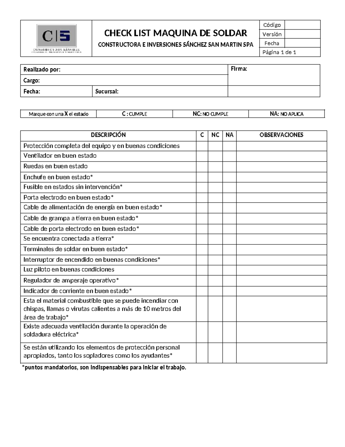 Check List de Inspección para Máquina de Soldar - Constructora e Inversiones - Studocu
