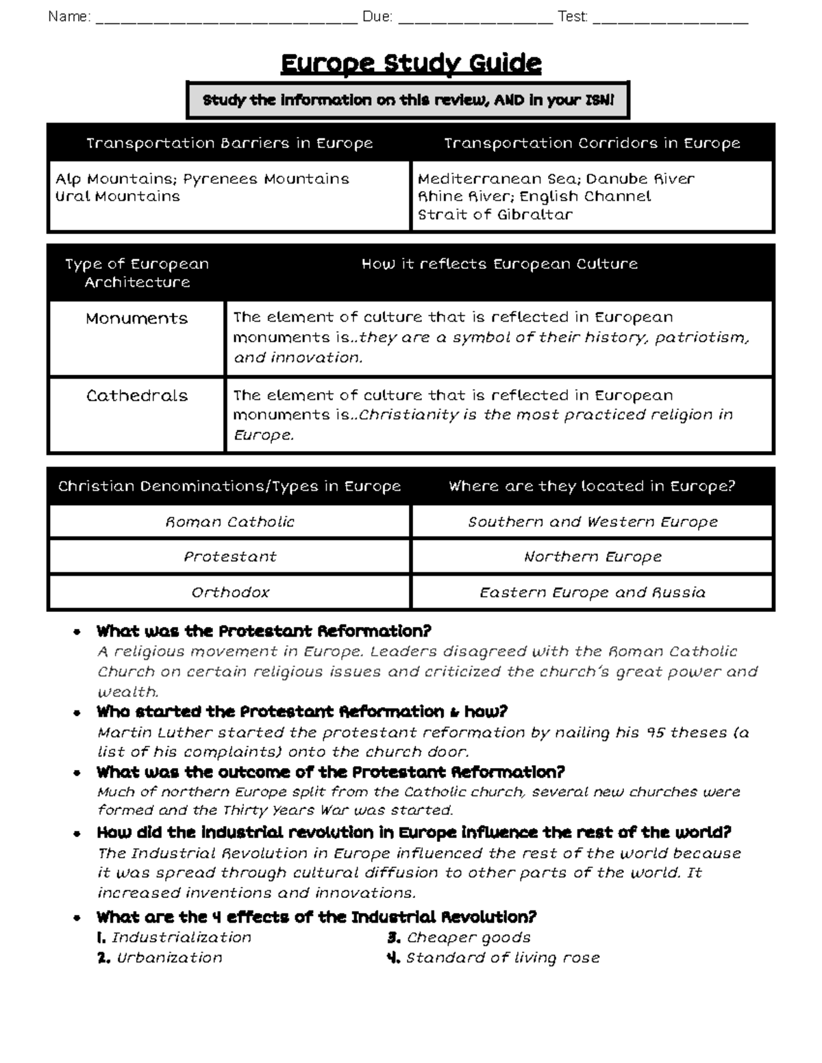 Europe Study Guide Answer Key: Key Concepts and Insights - Studocu