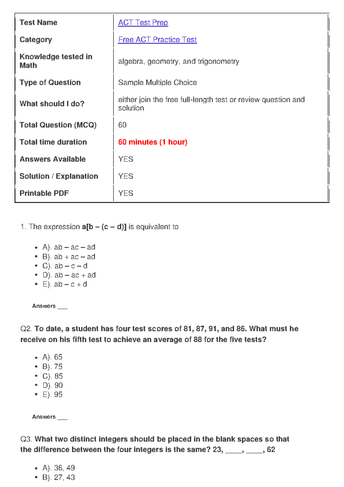 ACT Math Practice Test 1: Sample Questions & Answers Guide - Studocu