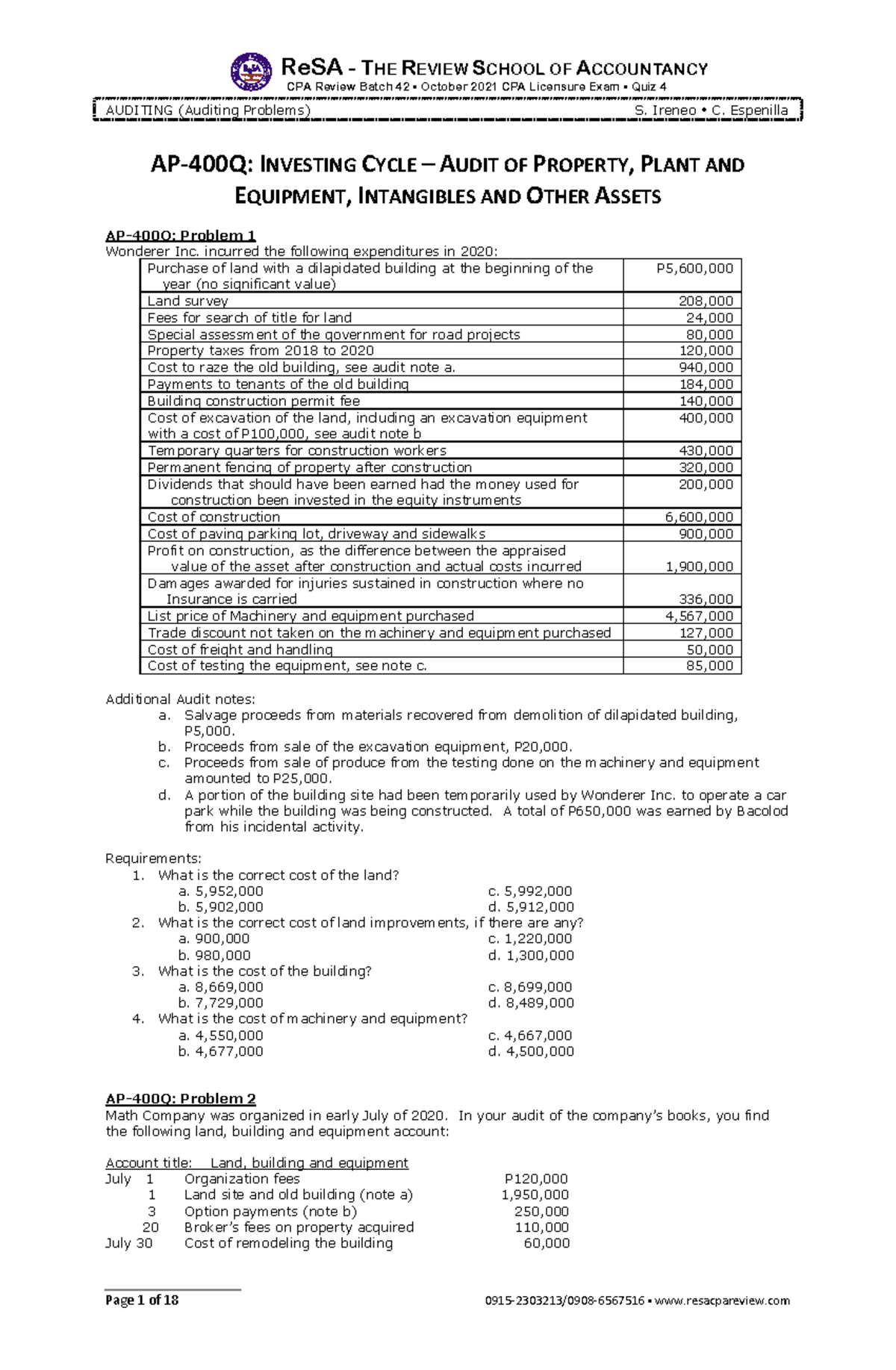 AP-400Q: Quiz 4 - Audit of PPE, Intangibles, and Other Assets - Studocu