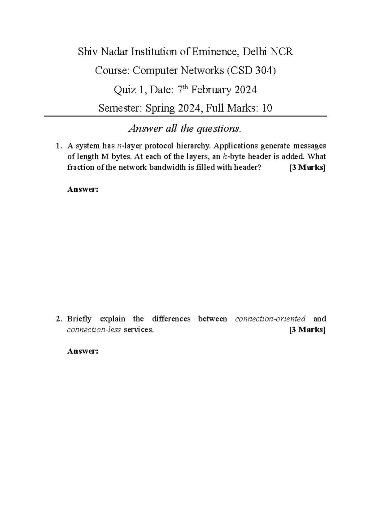 CSD 304 Computer Networks Quiz 1 Practice Set 2 - Studocu